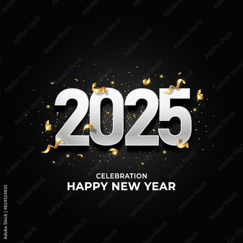 Celebration of happy new year 2025 with silver number on banner ...