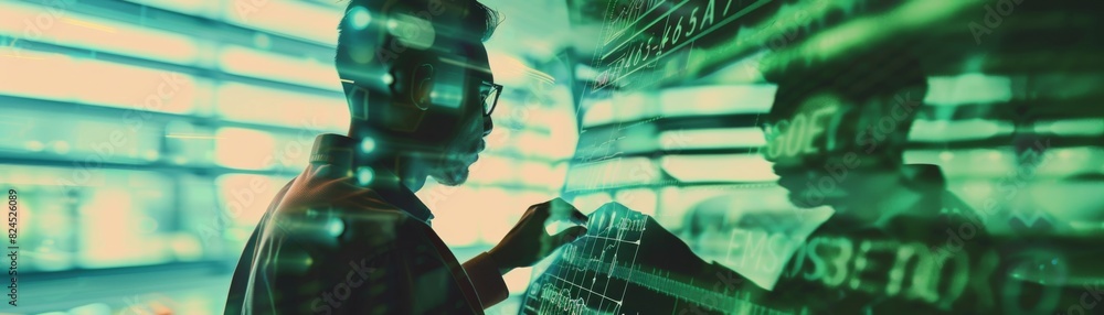 Tech professional analyzing data on futuristic digital screen ...