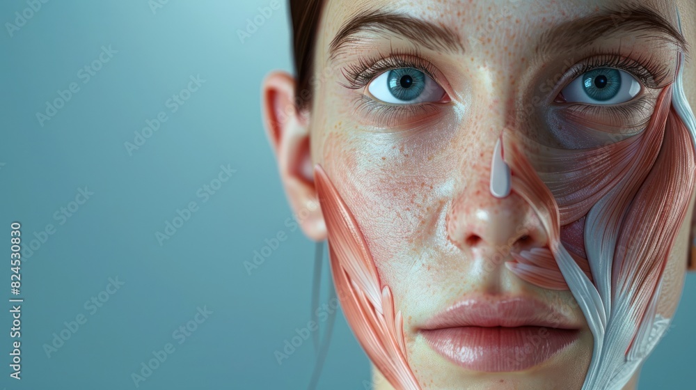 Young woman with half face and holographic subcutaneous muscle ...