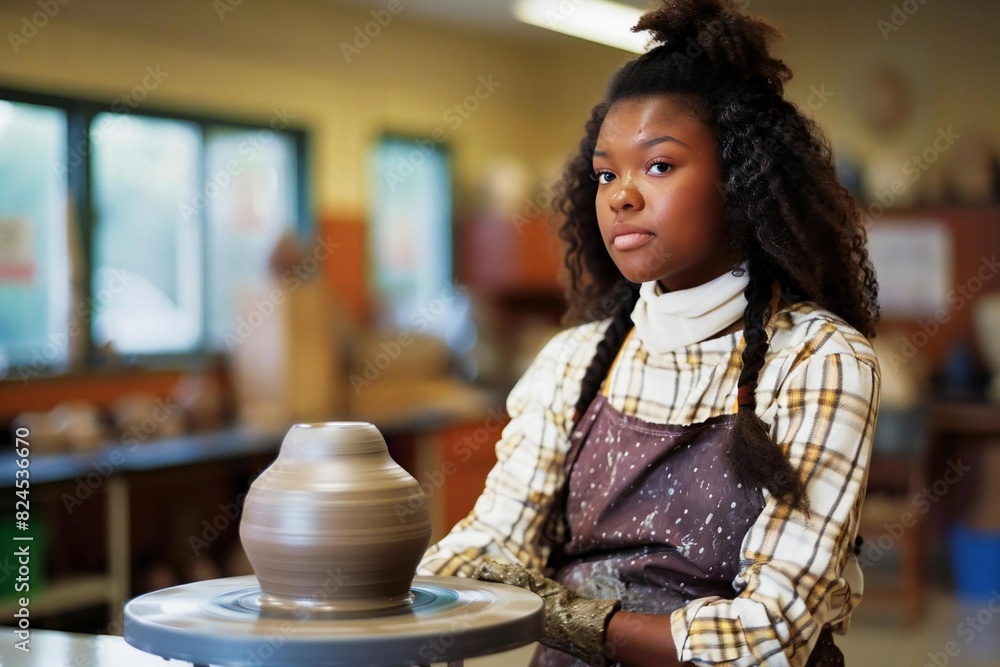 Side view photo of young female African American pottery teacher ...