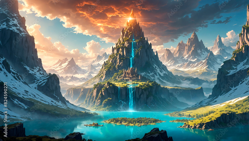 Ancient viking city on the foot of a magical volcano, mountain valley ...
