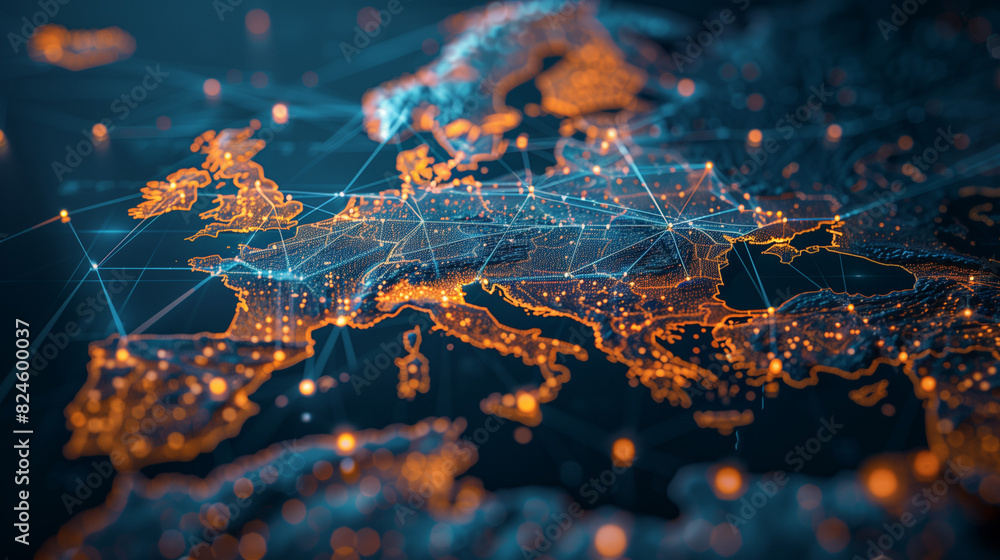 Digital map of Europe with glowing connections between cities ...