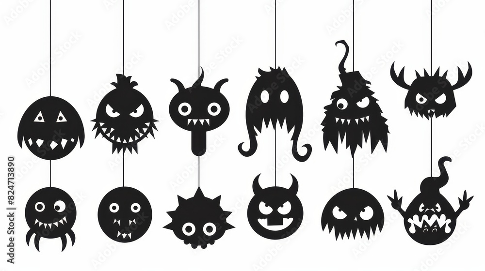 Icon set. Black silhouette monster head with fangs, tongue and hands up ...