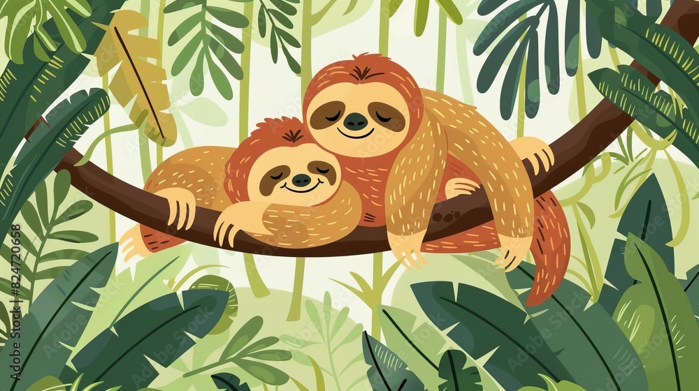 Cartoon sloths on a jungle tree. Cute jungle animals, mother and baby ...