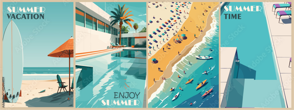 Set of summer posters in retro style with a pool, sea beach, surf ...