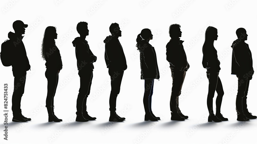 Highly detailed silhouettes of people standing in line, isolated on a ...