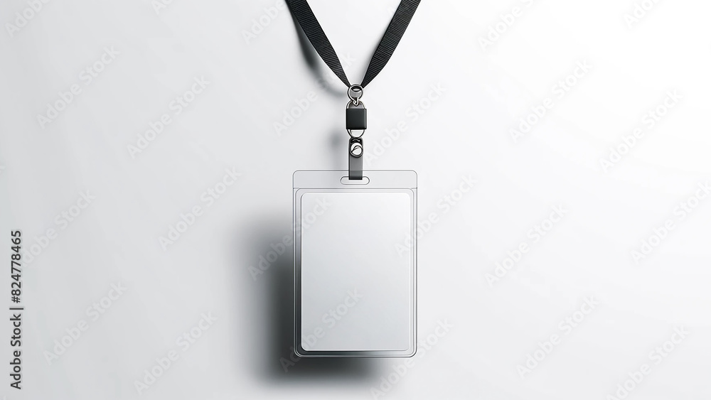 mockup of a plastic badge ID card, attached to a grey ribbon. This ...