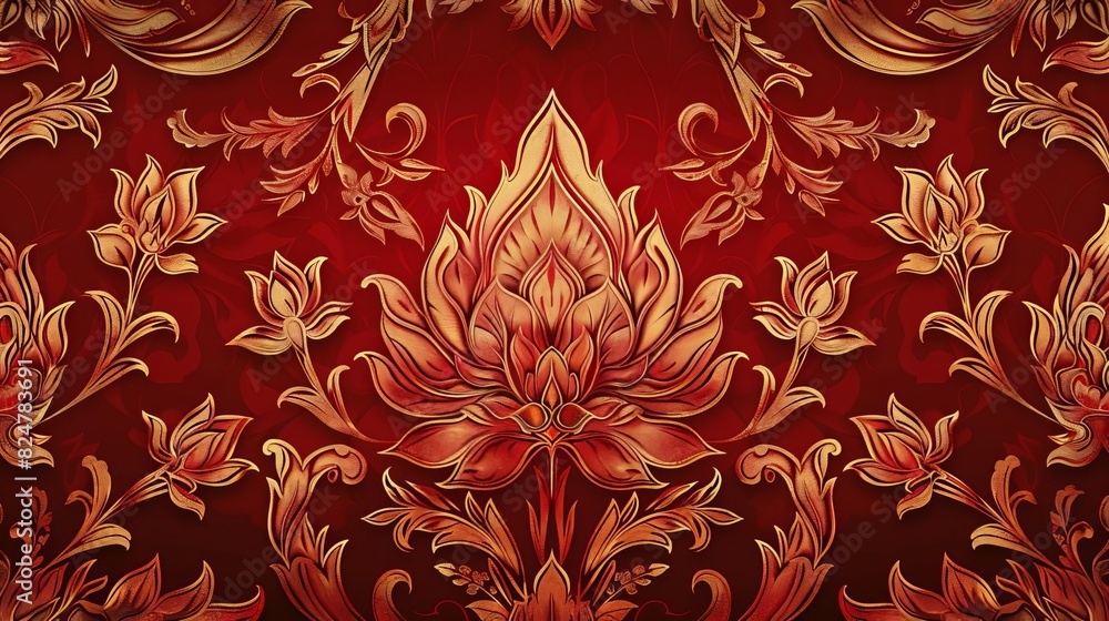 Ornate floral pattern with gold details on a rich red background ...