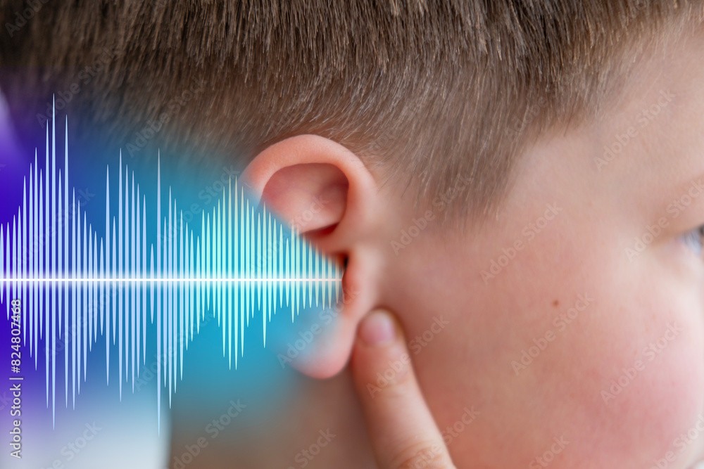 ear closeup, child listening, sound wave, acoustics and sound ...
