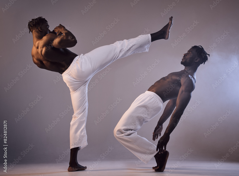 Fight, martial arts and black people with kick in studio for karate ...