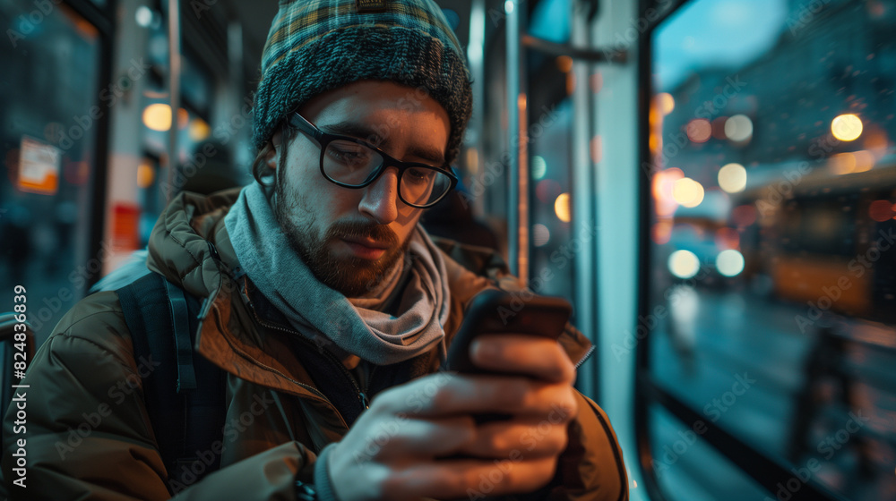 Young man using mobile phone while commuting by public transport, with ...