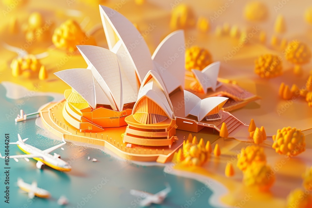 3d illustration of an airplane is flying over the Sydney Opera House ...