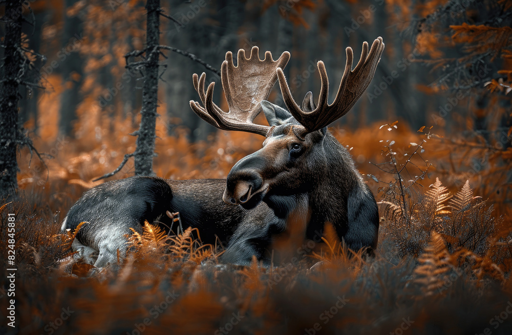 a moose resting in the forest, with its head tilted to one side and ...