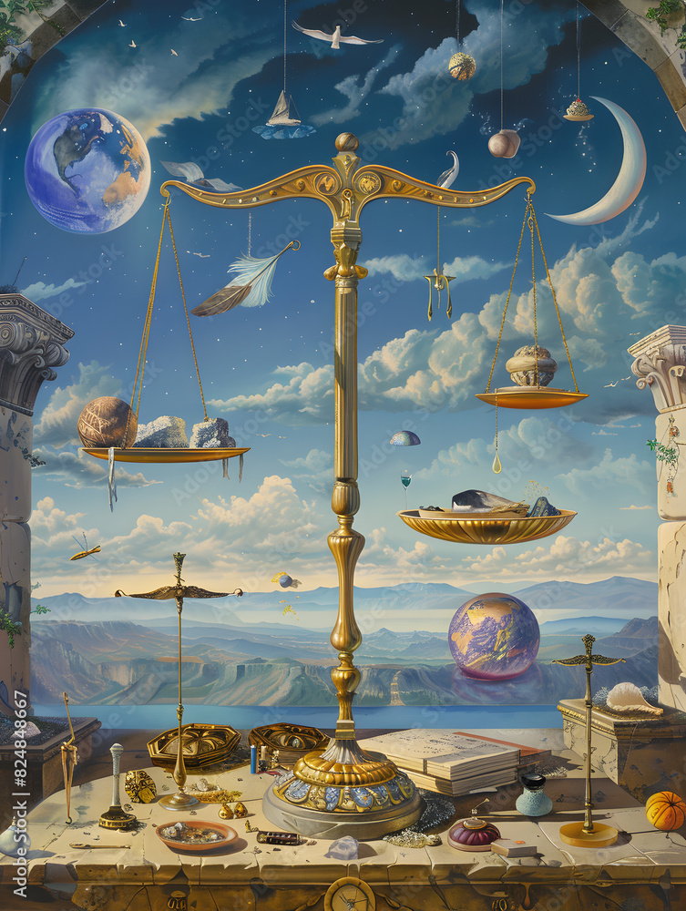 Balancing Act: Figure Calmly Balances Giant Scales with Single Feather ...