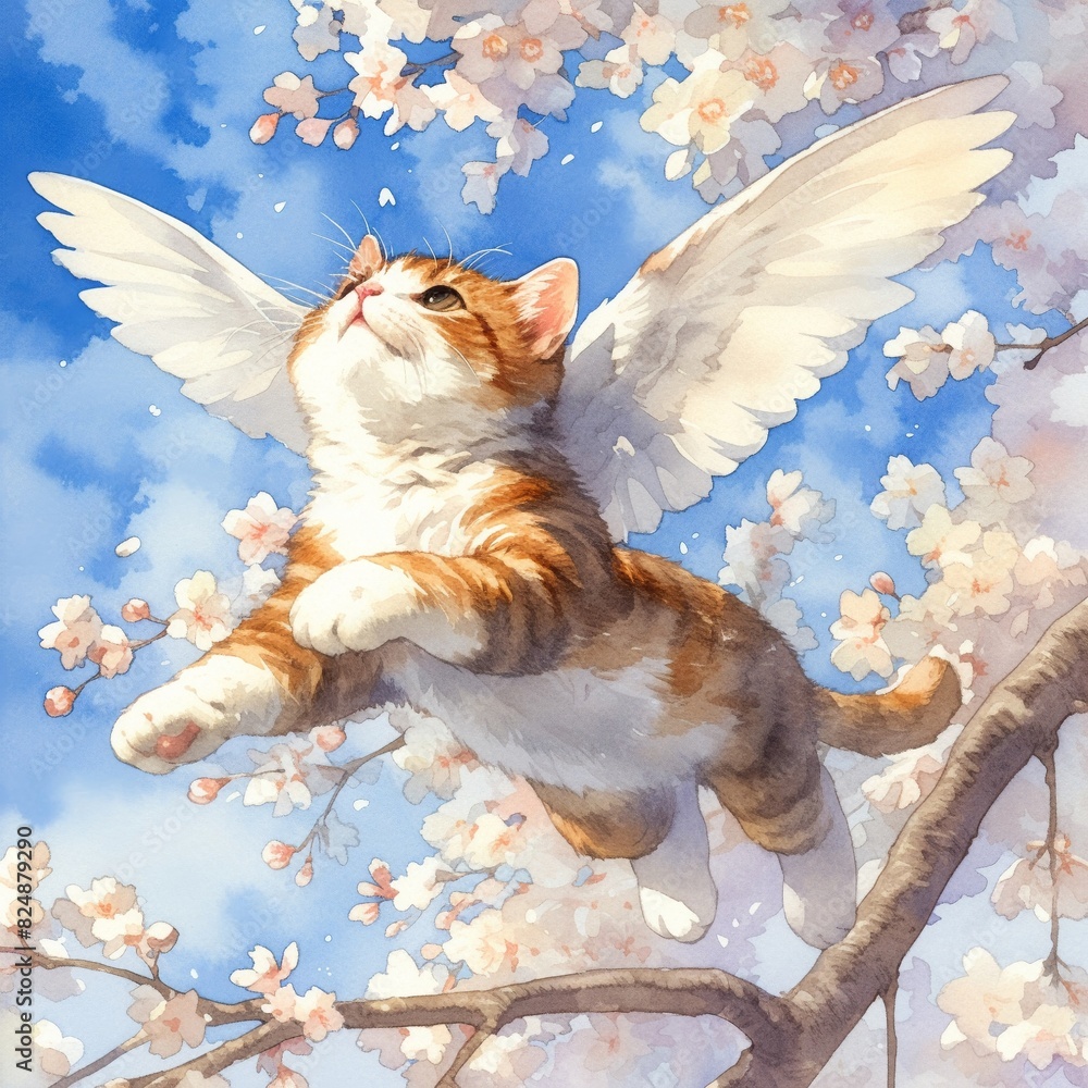 European Shorthair with robin wings, watercolor, spring awakening ...