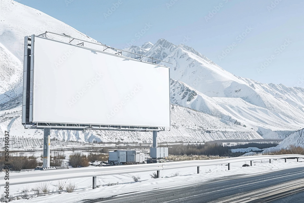 Ultra HD mockup of a large billboard in a snowy mountain setting, blank ...