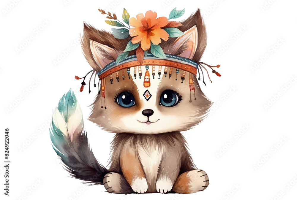 fox cute boho nursery baby animal with feather and flowers clipart PNG ...