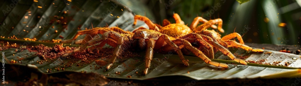 Aping, fried spiders, a delicacy in Cambodia, served on a banana leaf ...