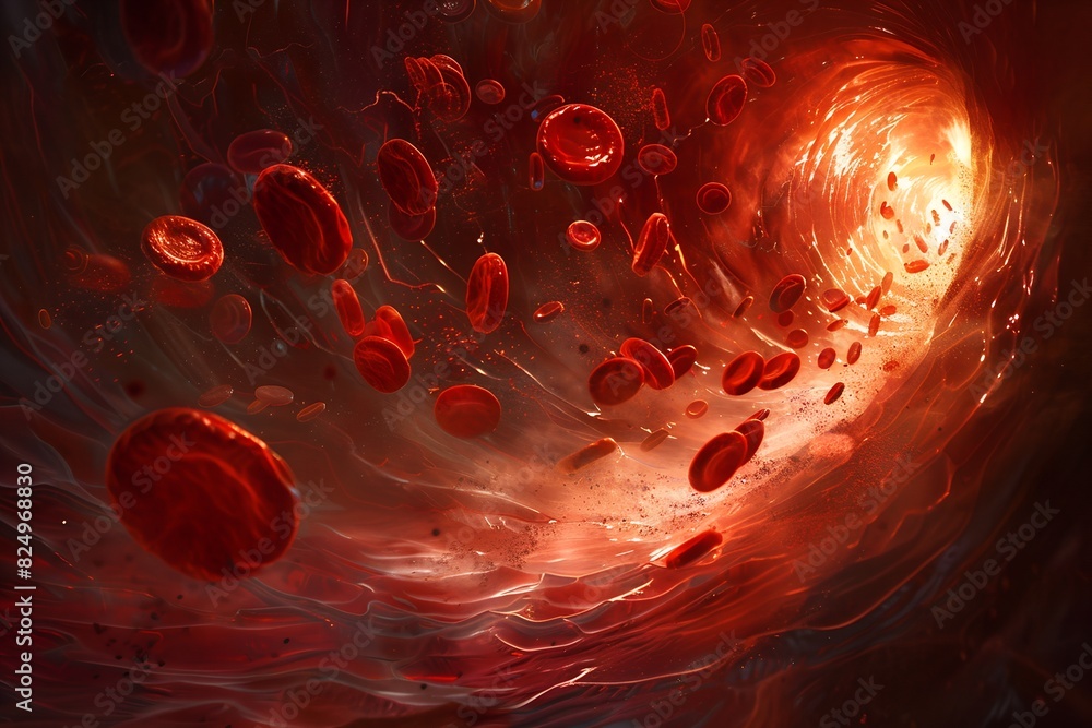 Normal blood vessel, vein with red cells erythrocytes inside close up ...