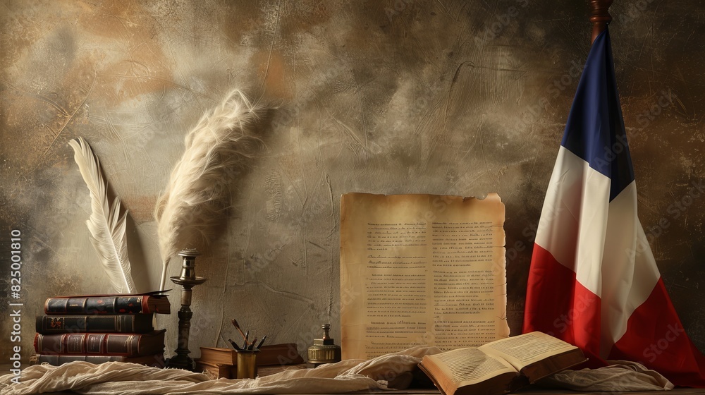 Vintage French Revolution display with tricolor flag and antique items ...