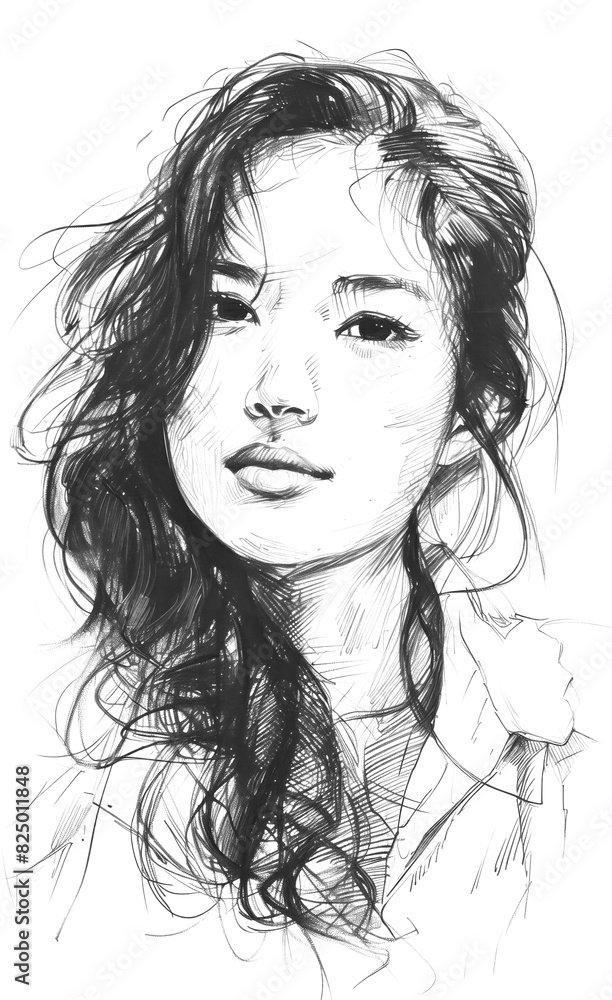 portrait of a pretty young Asian woman. Doodle pencil drawing style ...