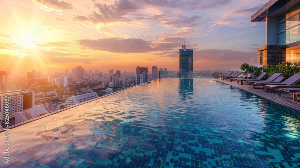 Hotel rooftop pool at sunset, city skyline in background, lounge chairs ...