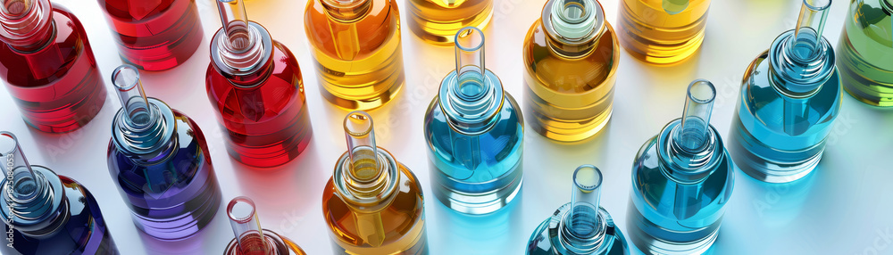 Liquid medications in droppers, various colors, clinical setting, high ...