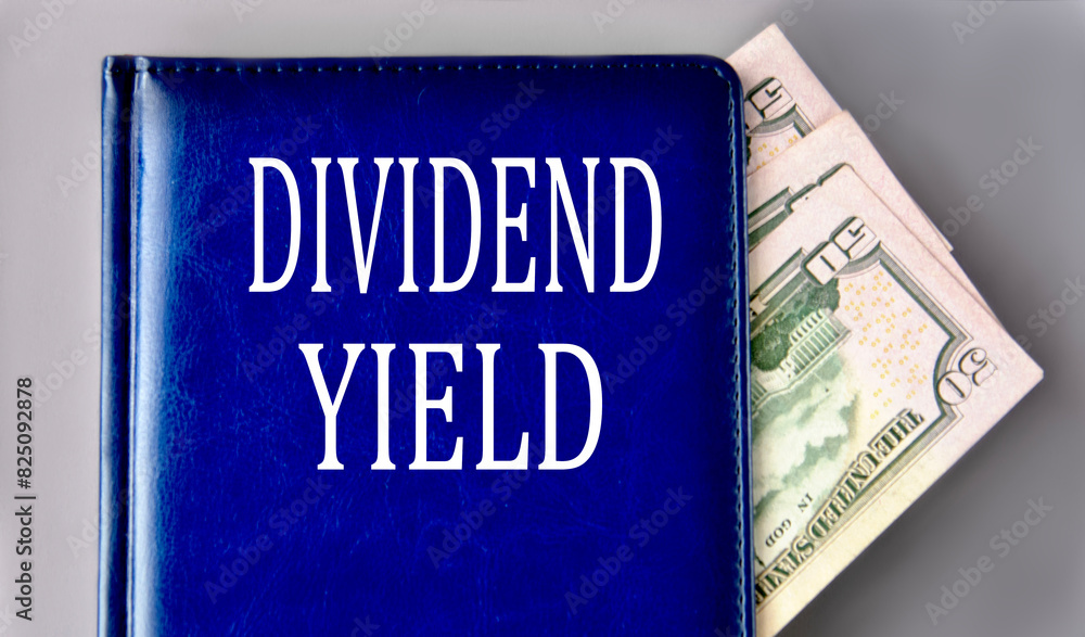 DIVIDEND YIELD - word on a blue book on a gray background with ...
