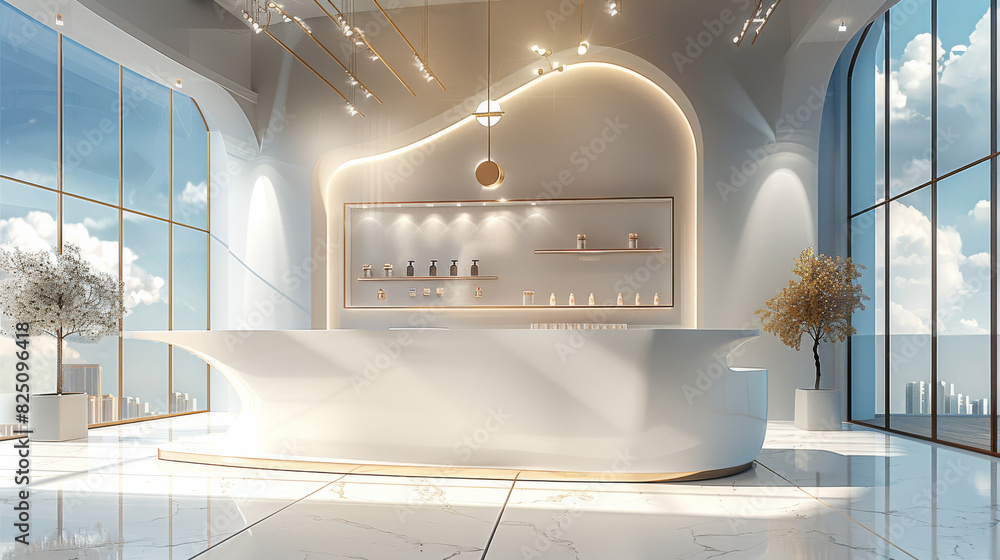 Indoor counter, mainly white with gold accents, with windows in the ...
