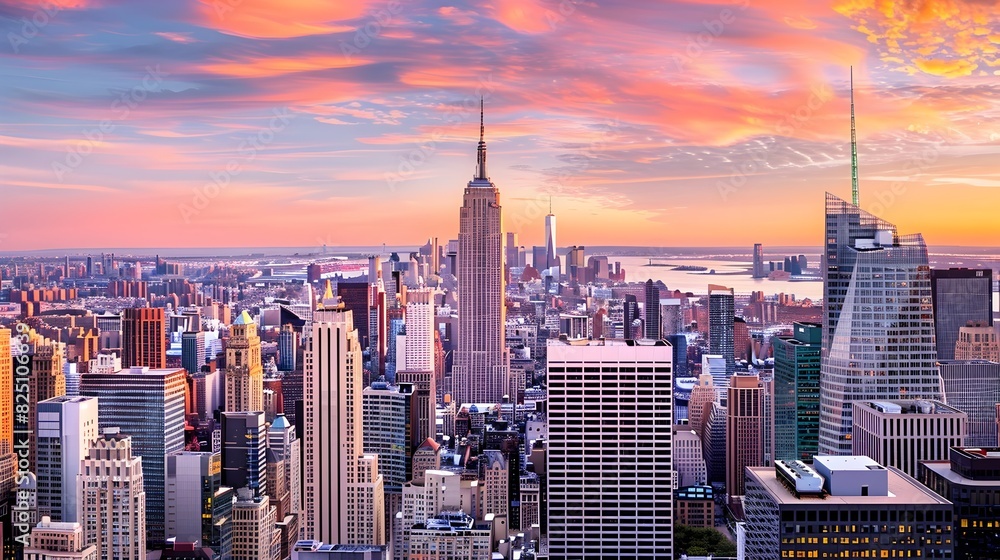 Iconic New York City Skyline At Twilight Empire State Building And One