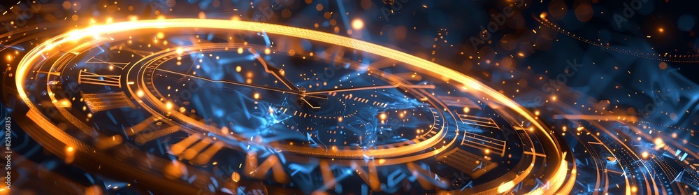 Abstract background with time concept, clock and glowing light rays in ...