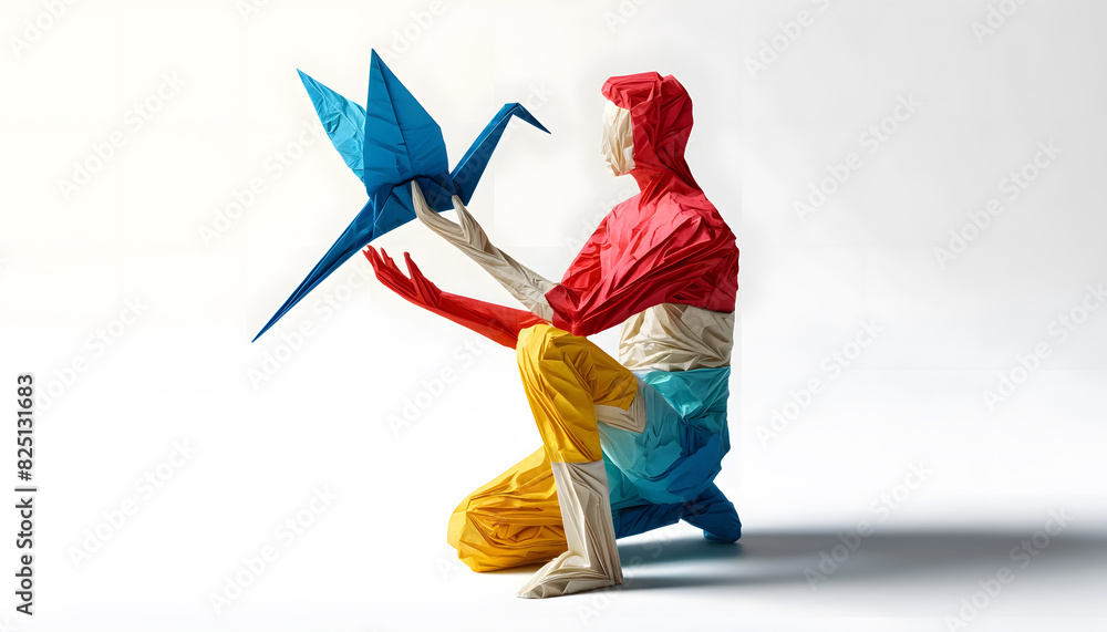 paper sculpture of a human figure holding an origami crane. The ...