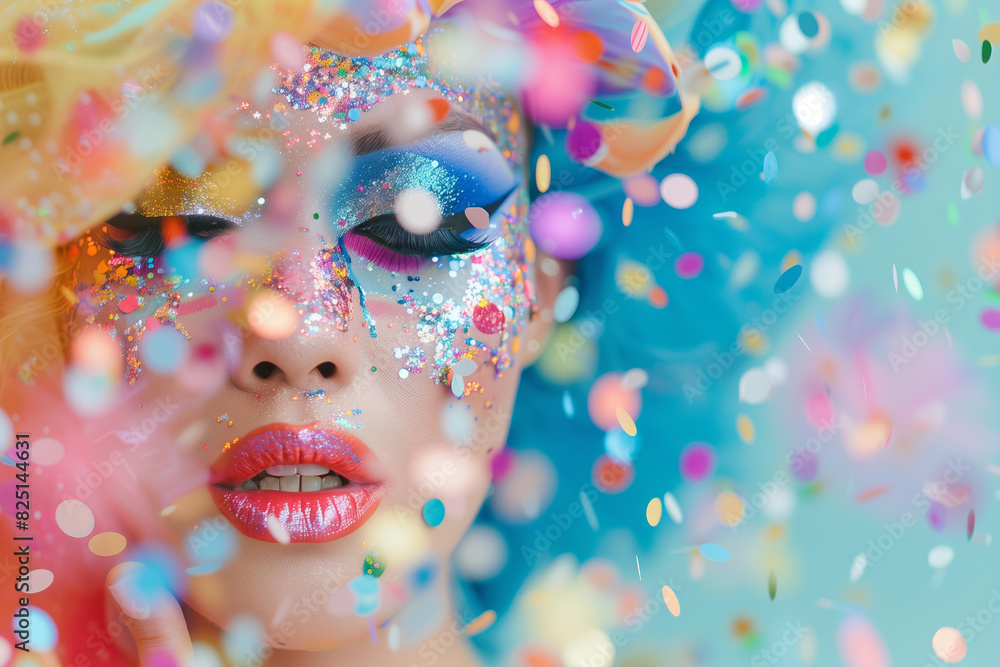 drag queen portrait isolated on pastel background with glitter and ...