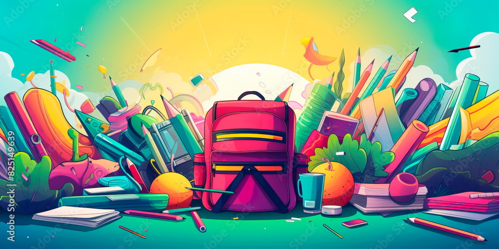 dynamic back to school background with a burst of colorful symbols ...