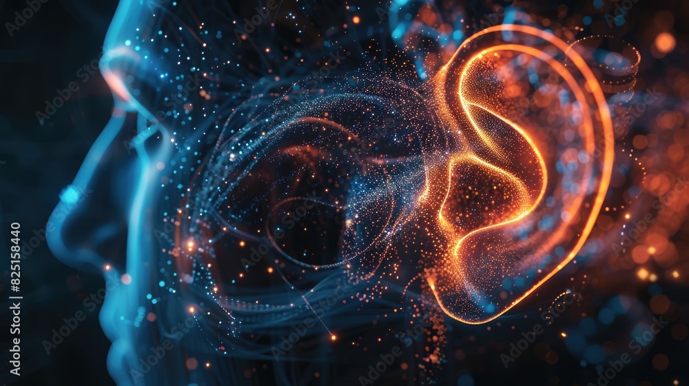 Lighting shines on a 3D rendered vestibular system within the ear ...