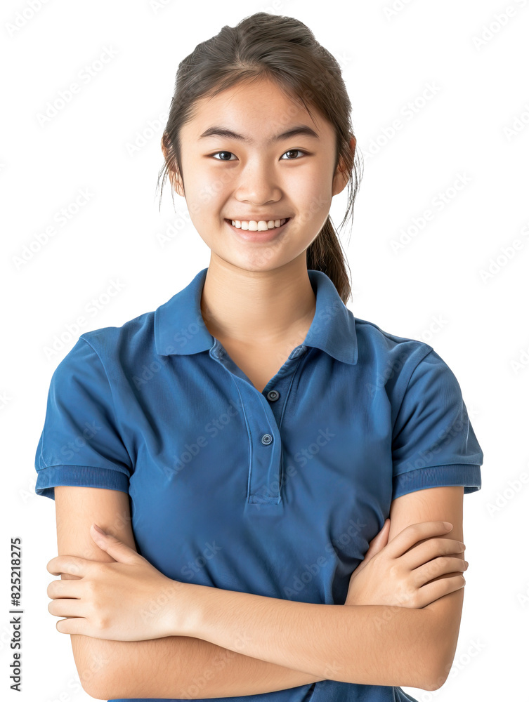 Foto de Stock 18 year old Asian teenage girl wearing blue polo t-shirt over isolated transparent ...