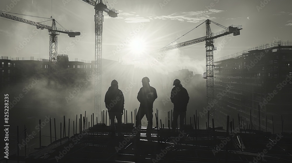 Construction workers coordinating crane operations under the bright sun ...