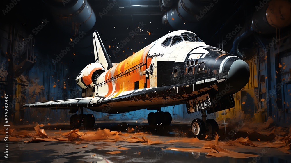 Capture a dynamic low-angle perspective of a vibrant space shuttle ...