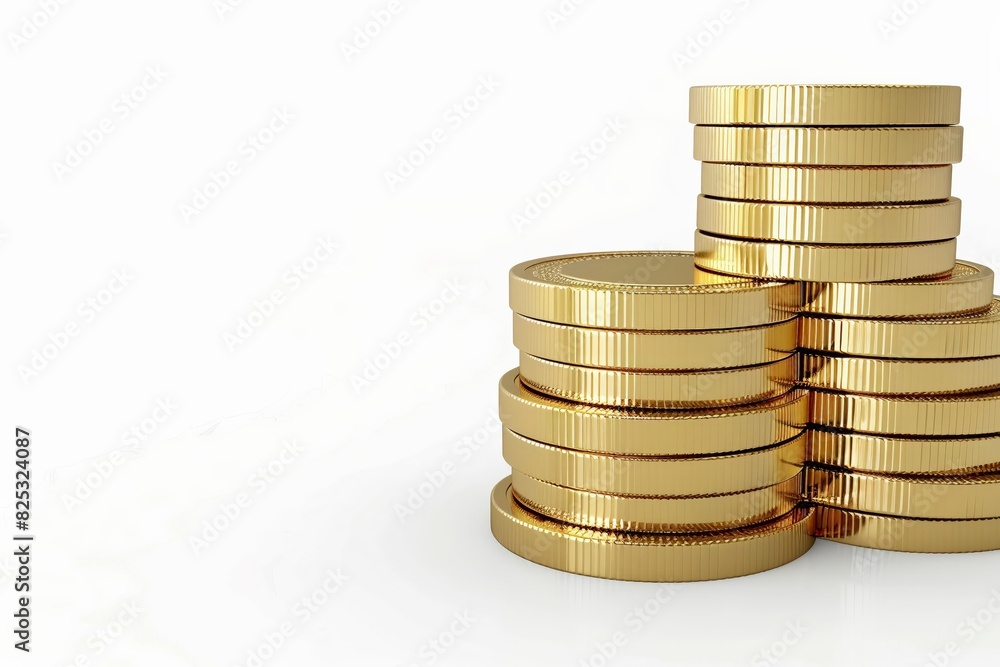 3D stack of gold coins floating clear white background high gloss ...