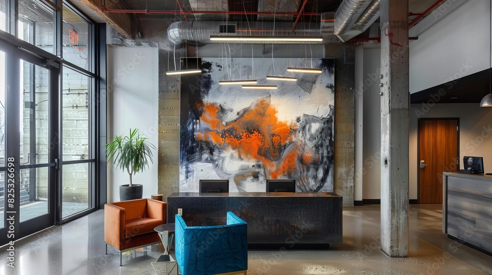 dynamic reception space blending industrial accents and abstract art ...