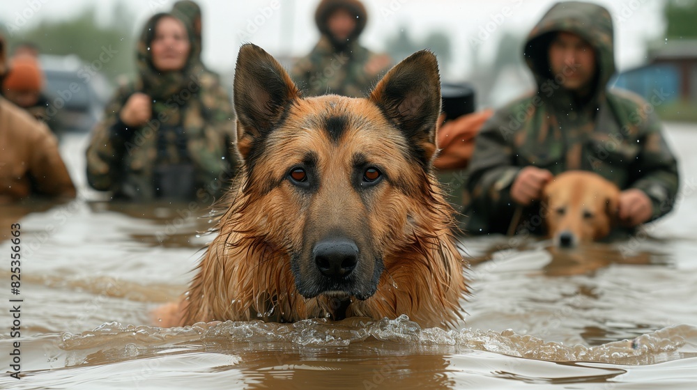 German shepherd during flood rescue training. A dog participating in a ...