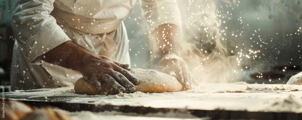 Baker kneading dough on a floured surface with flour particles in the ...