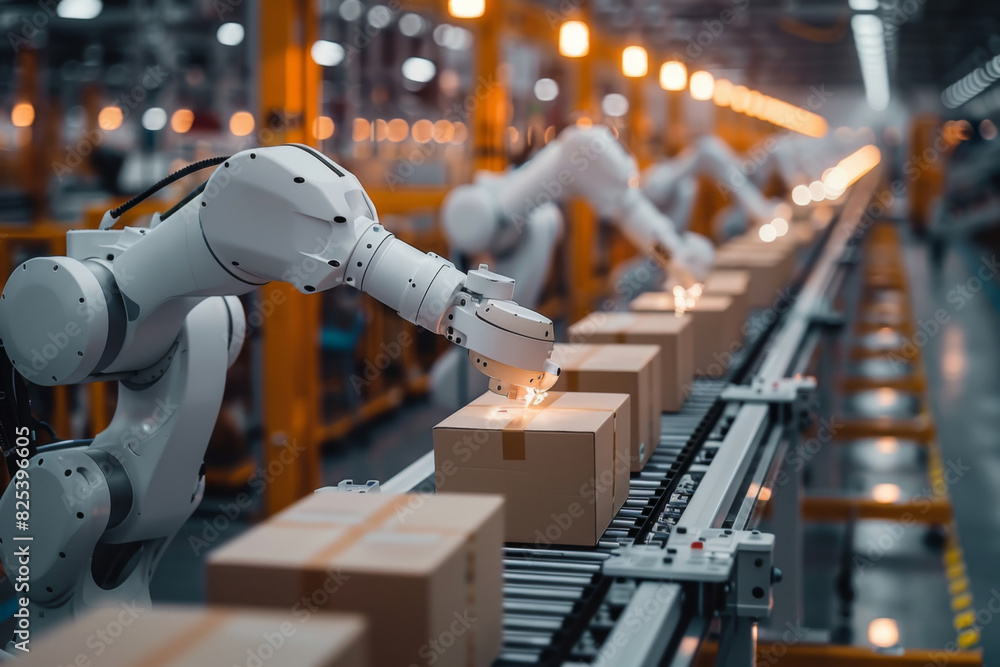 Robot arm sorting cardboard boxes on steel conveyor in warehouse. Stock ...