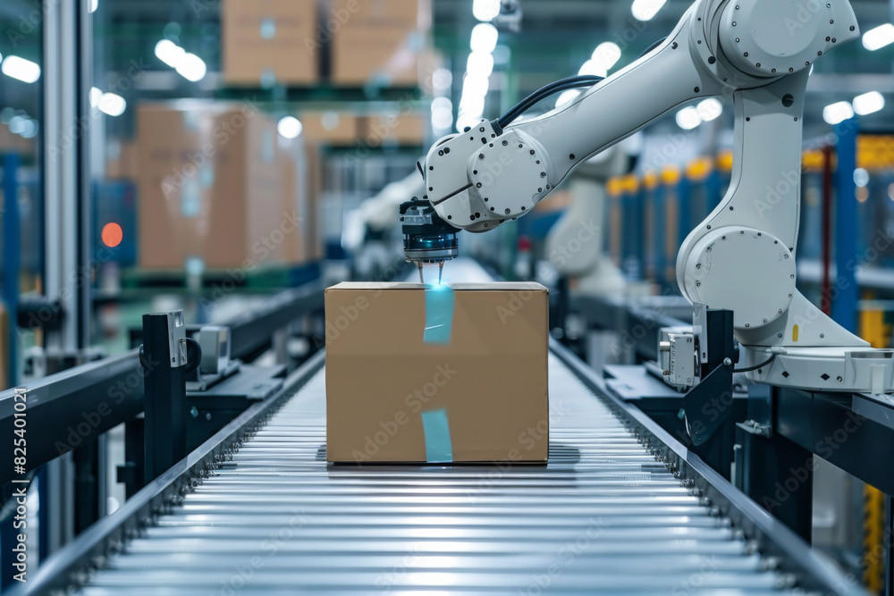 Robot arm sorting cardboard boxes on steel conveyor in warehouse. Stock ...