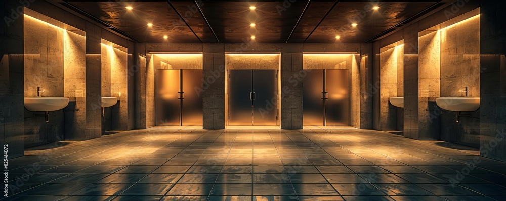 An empty mens restroom with a clean, contemporary aesthetic, featuring ...
