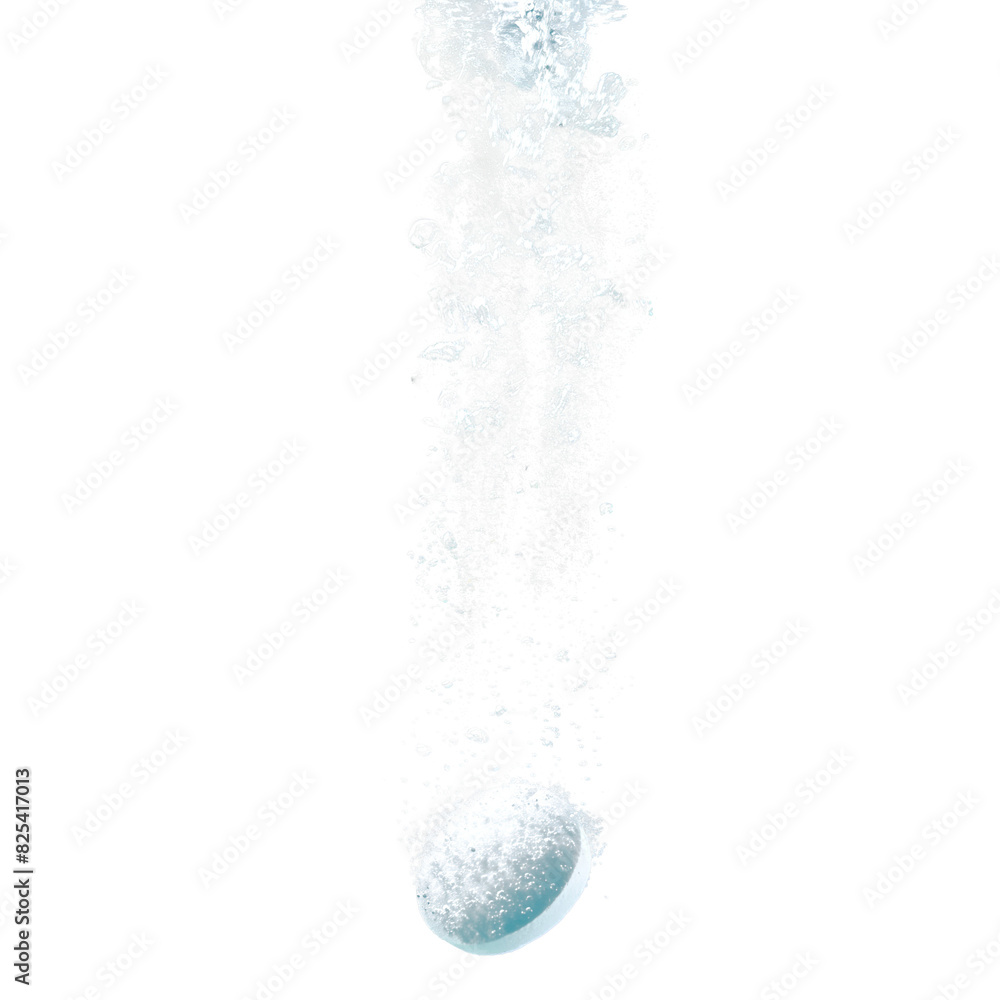 Realistic effervescent pill with fizzy bubbles in water. Soluble tablet ...