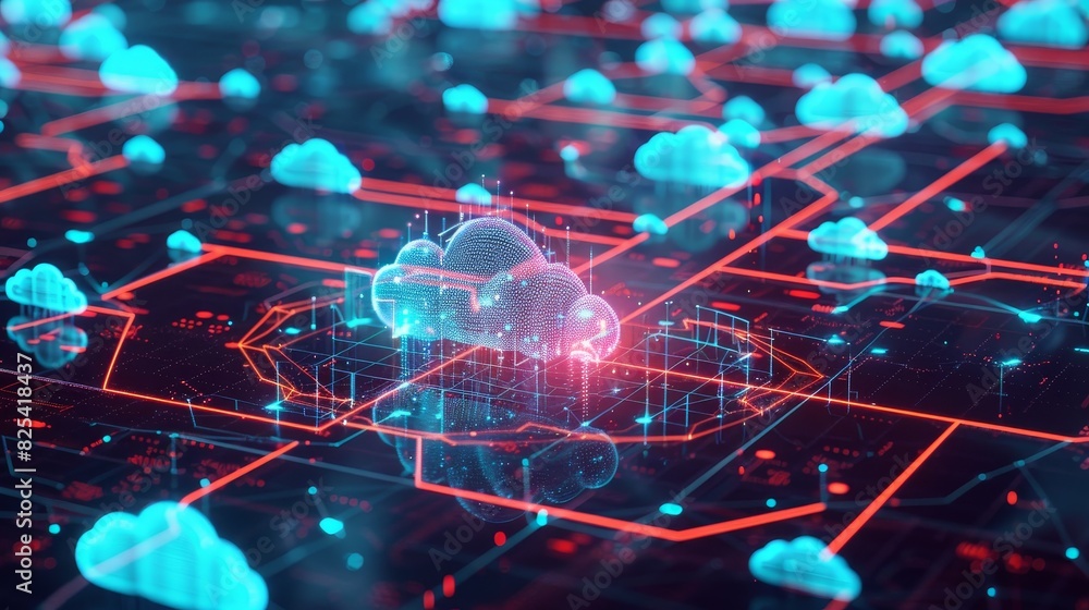 A digital illustration of a cloud computing network diagram with ...