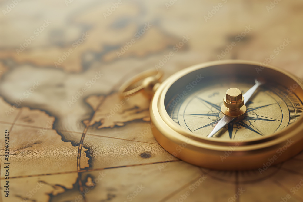 Classic brass compass lying on an old world map with a soft focus ...