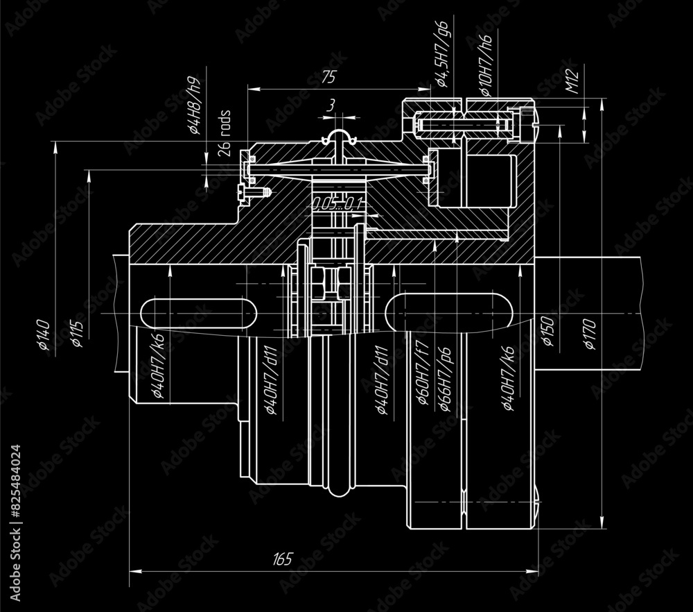 Assembly drawing of drive shaft with coupling. Vector cad scheme of ...