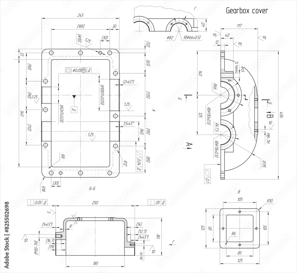 Assembly drawing of reducer cover. Vector drawing of steel mechanical ...